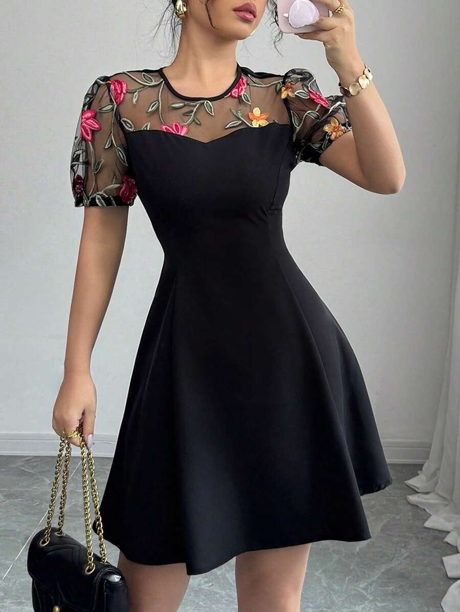 Chiquease Women's Elegant Black Mini Dress With Floral Applique And ...