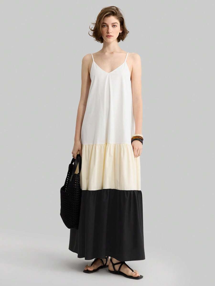 Ontre 2025 Women V-Neck Patchwork Long Camisole Dress, Simple & Fashion ...