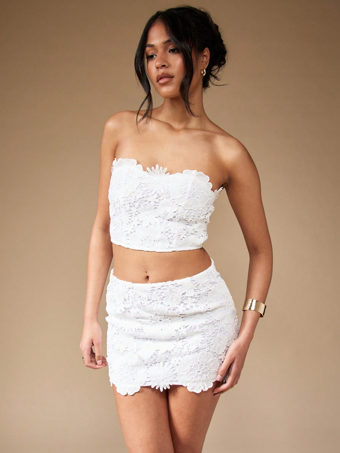 MISSGUIDED Embroidered Strapless Bandeau Top Bodycon Mini Skirt Two ...