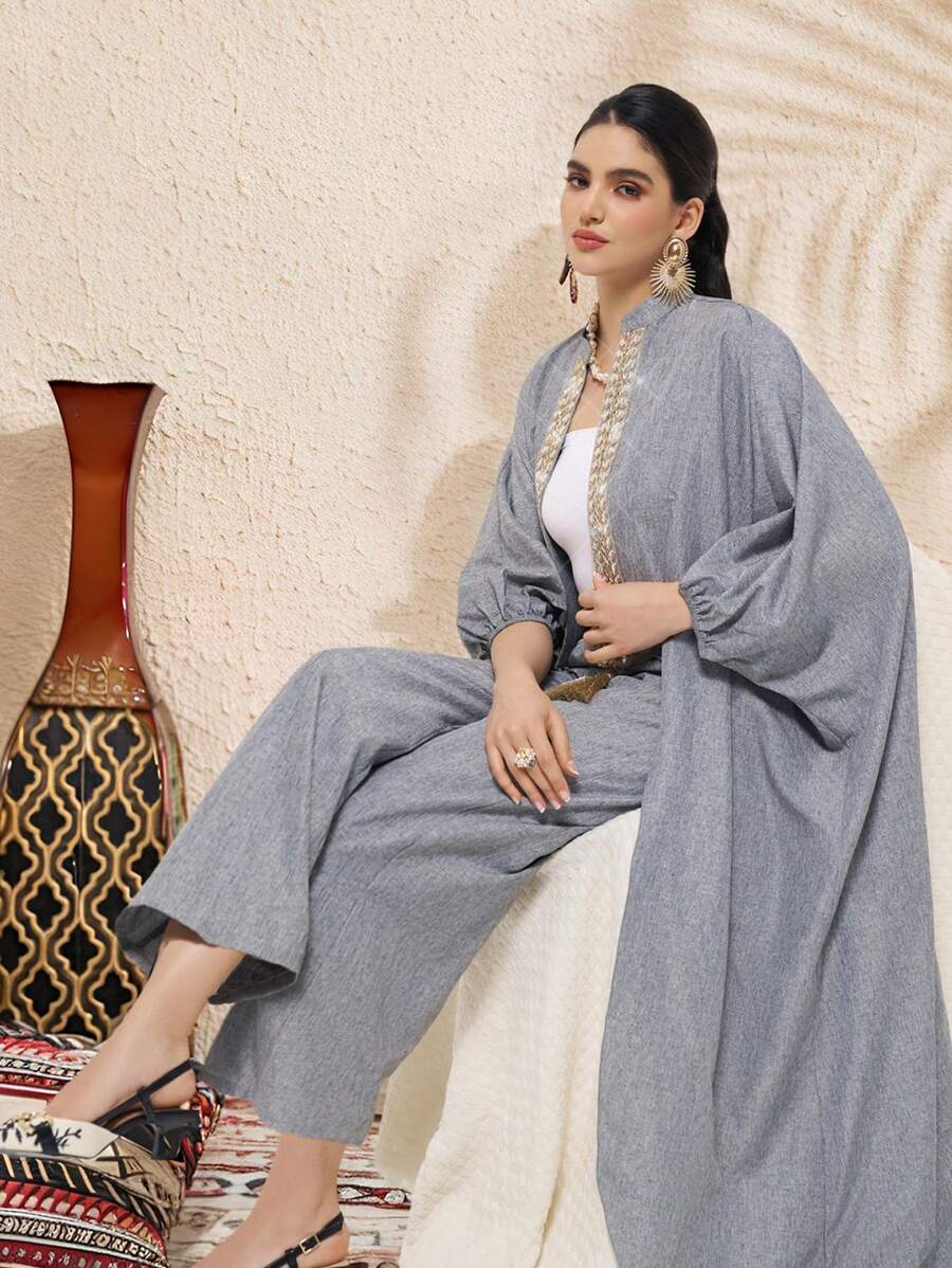 SHEIN Najma Women Arabic-Style Set: Solid Color Splice Tassel Decor Simple Jacket And Pants ...