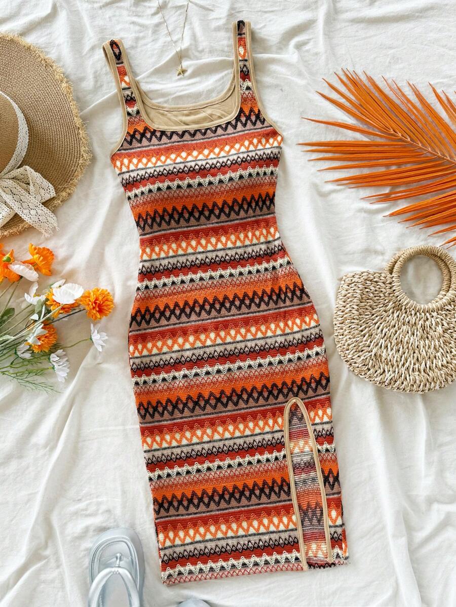 SHEIN WYWH Women Casual Wave Striped Square Neck Slip Dress Holiday Date Night Afternoon Tea ...