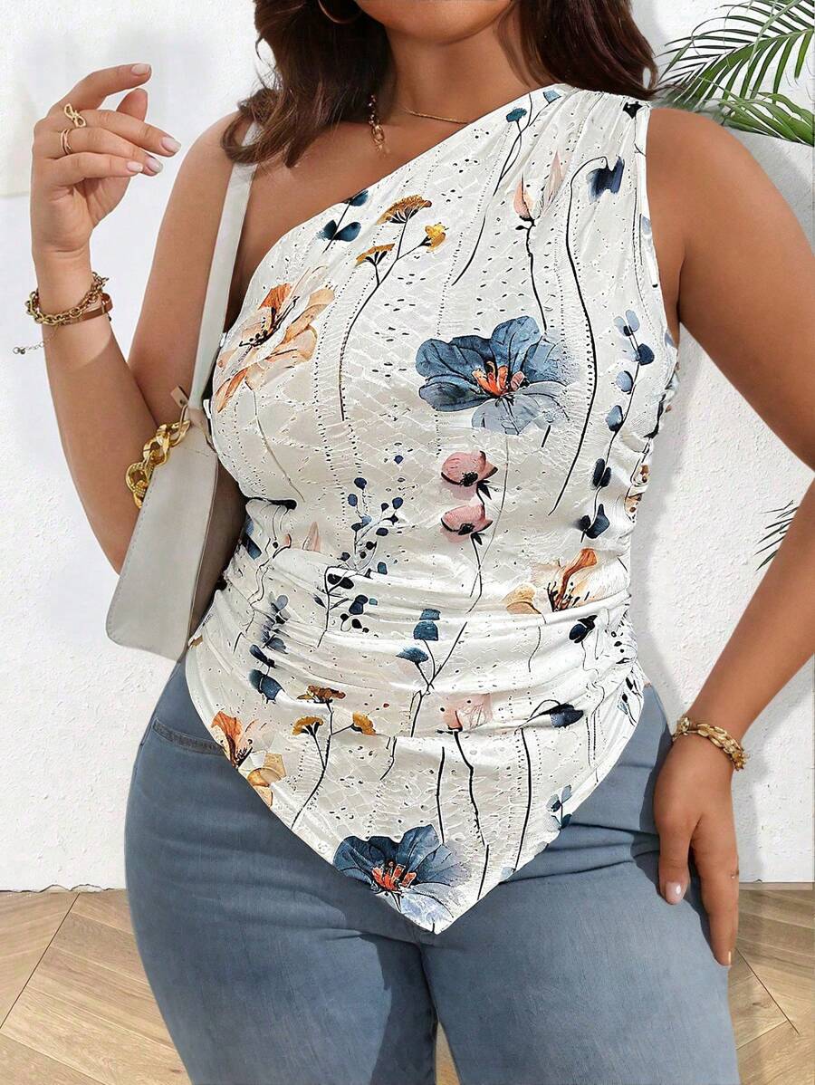SHEIN Clasi Plus Size Women Boho Floral Printed Unique One-Shoulder Top ...