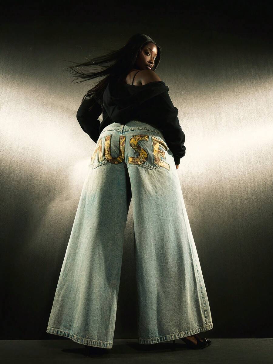 MUSERA Plus Size 'Musera' Slogan Low Waist Baggy Straight Leg Jeans 90 ...