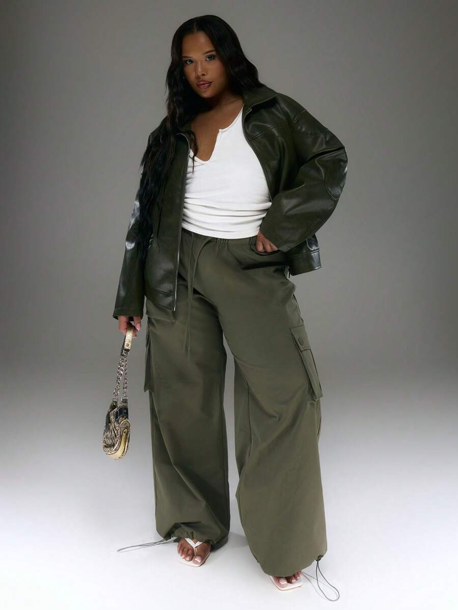 MUSERA Plus Size Low Waist Draw String Pocket Detail Straight Leg Cargo ...