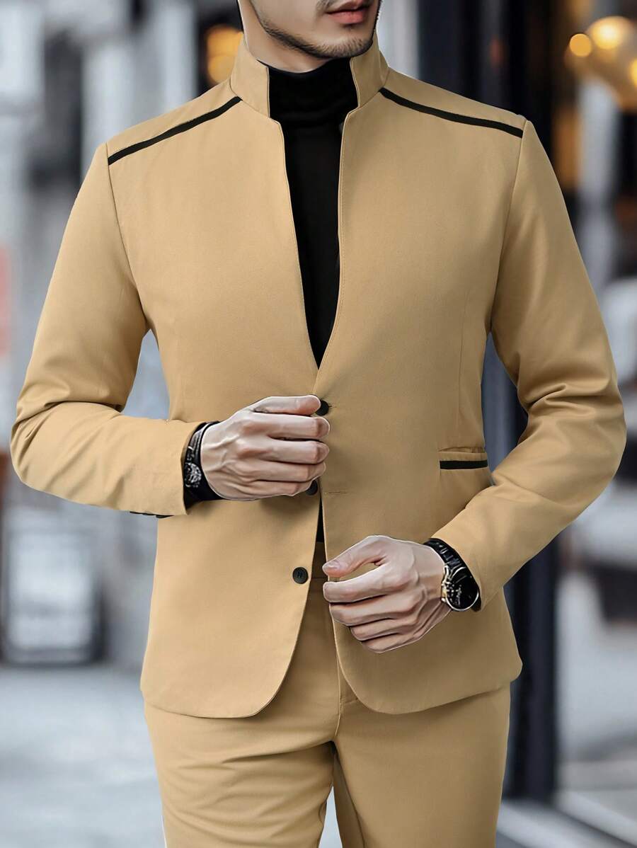 Manfinity Bizformal Men's Contrast Trim Stand Collar Jacket And ...