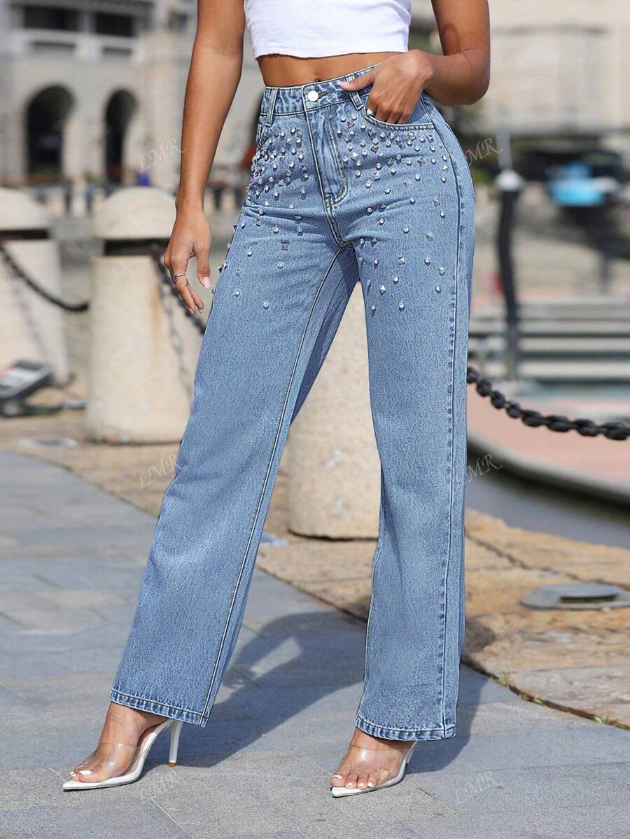 Rhinestone Detail Straight Leg Jeans | SHEIN USA