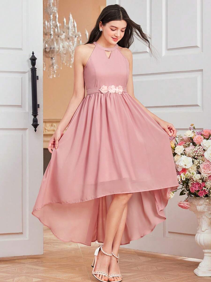 SHEIN Teen Girls Appliques High Low Hem Halter Ruffle Dress,Summer ...