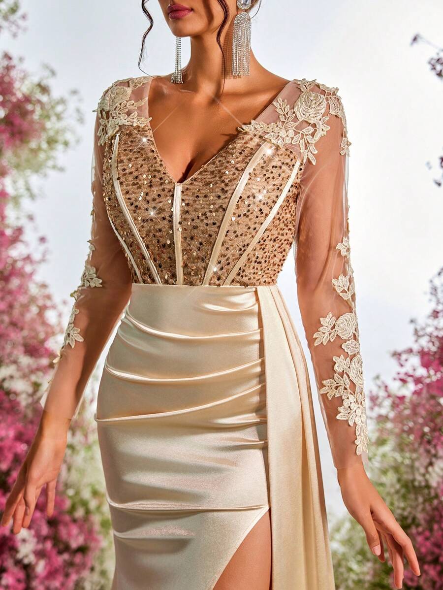 Glamrae Elegant Luxurious V-Neck Sheer Long Sleeve Lace Applique Sequin Mermaid Hem Stretch ...