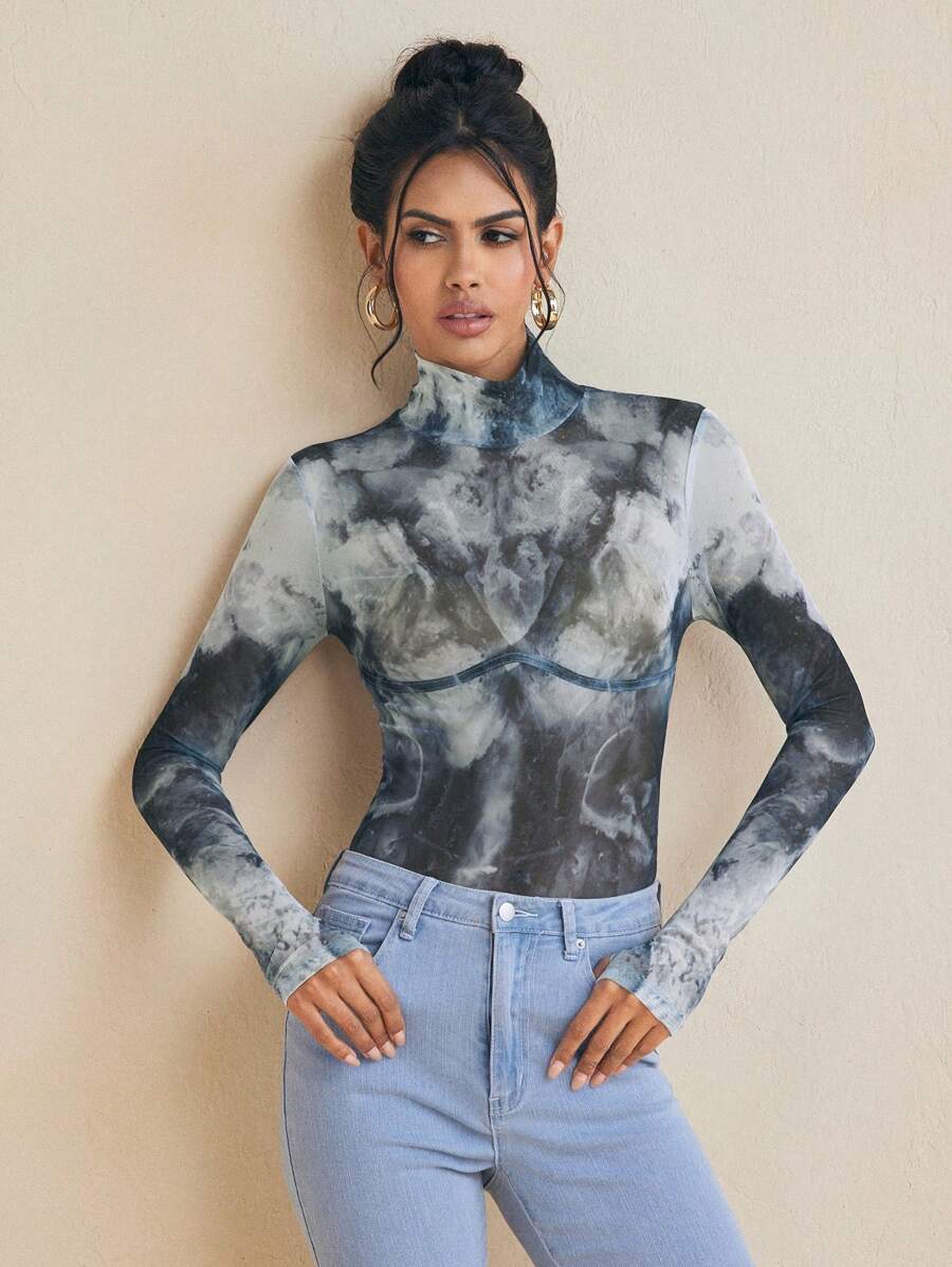 LUSINE BONFIELD Designer Black And White Sheer Print Mesh Long Thumb ...