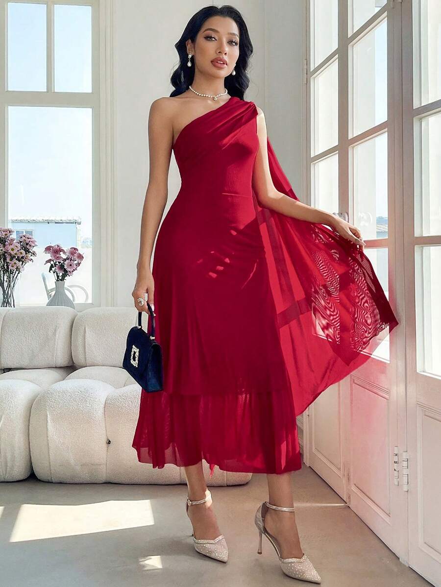 SHEIN Modely Abito elegante da donna in colore unito, con colletto asimmetrico, lunghezza media ...