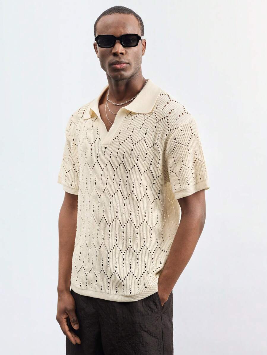 Maija Men's Solid Color Hollow-Out Short Sleeve Casual Knit Top | SHEIN USA