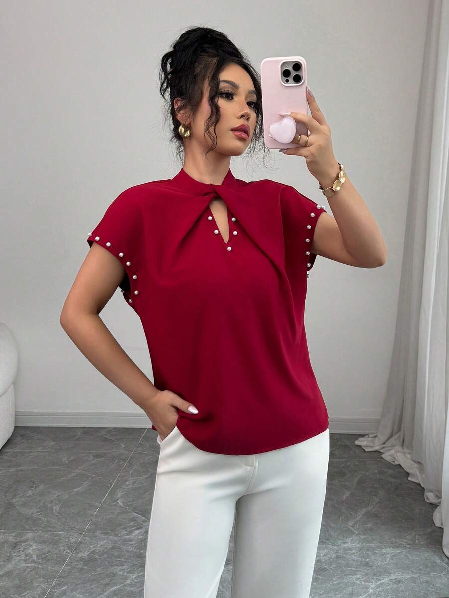 Elenzga Women's Elegant Quality Twist Knot Design Stand Collar Pearl Decor Poet Sleeve Short ...