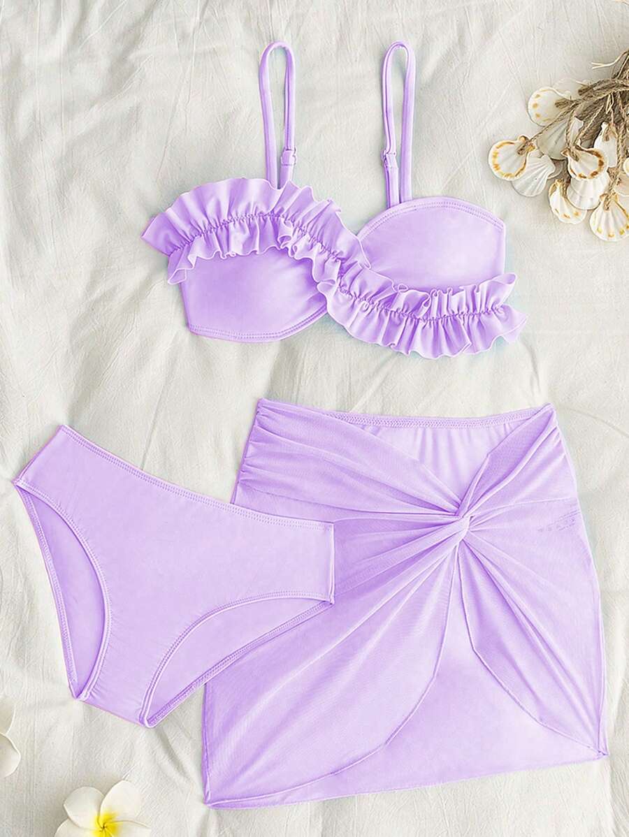 Tween Girl Holiday Beach Solid Color Bikini Set With Twist Front Cover-Up Mini Skirt | SHEIN USA