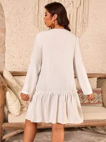 SHEIN Clasi Plus Size Women V-Neck Button Cuff Ruffle Trim Hem Solid ...