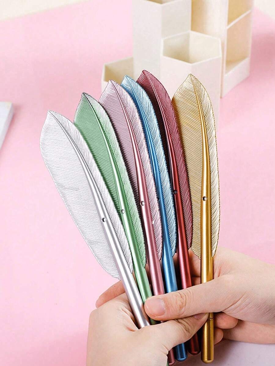 SHEIN 6pcs Mixed Retro Feather Pens, Metal Feather Ballpoint Pens ...