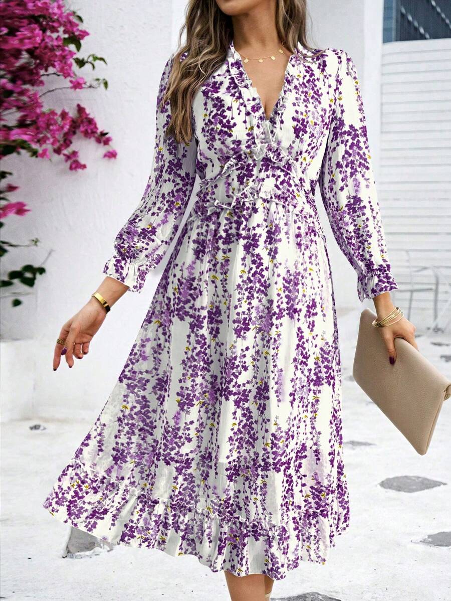 Breezaya Ditsy Floral Print Flounce Sleeve Ruffle Hem Dress Maxi Vacation Beach Outfits Women ...