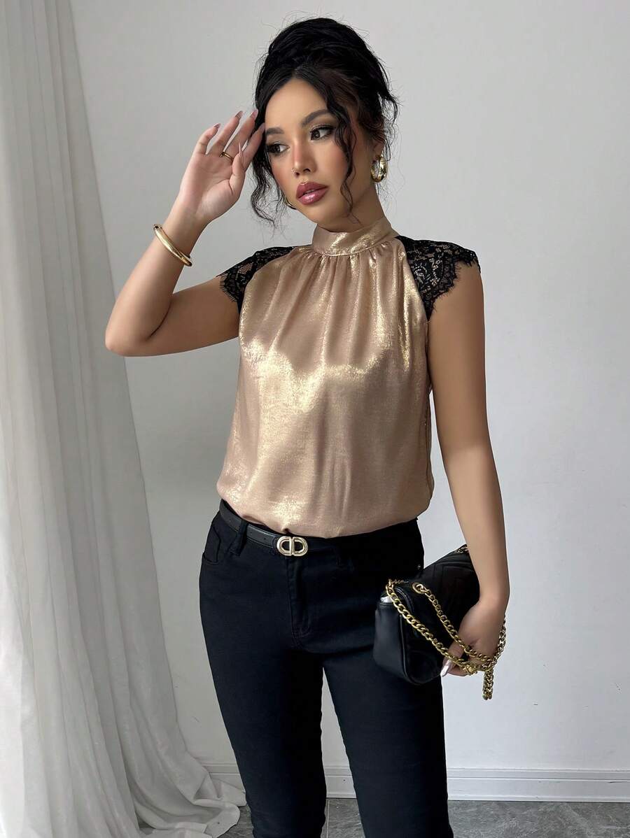 SHEIN Raffinéa Women's 2025 New Style Metallic Gold Foil Splicing Black ...