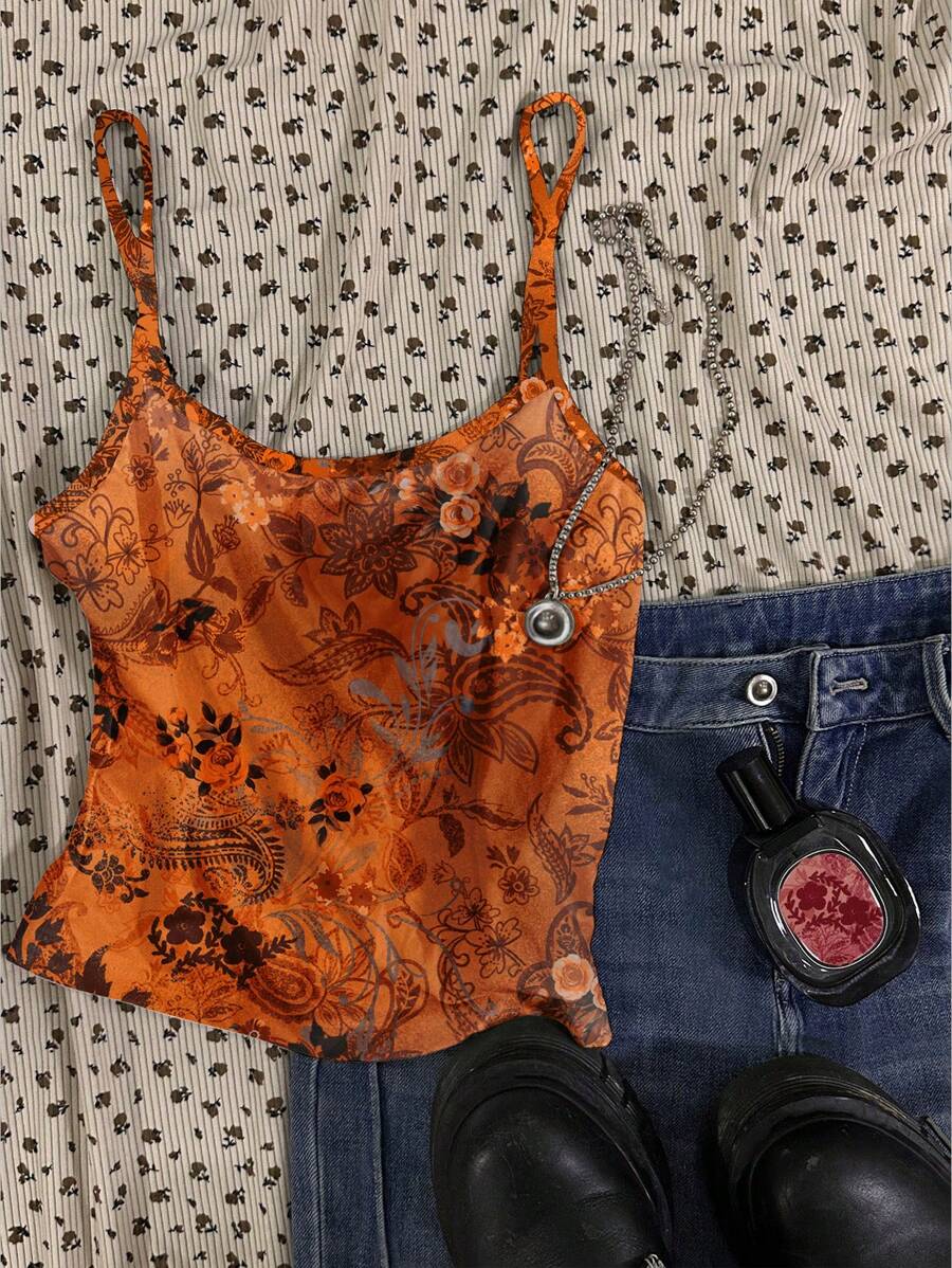 Attitoon Women's Casual Orange Floral Retro Pattern Sexy Cami Form ...