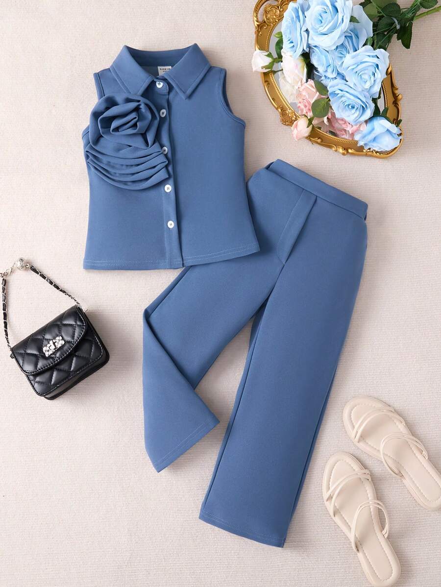 Souflis Souflis 2pcs Young Girl Elegant Solid Color Floral Decor Top ...