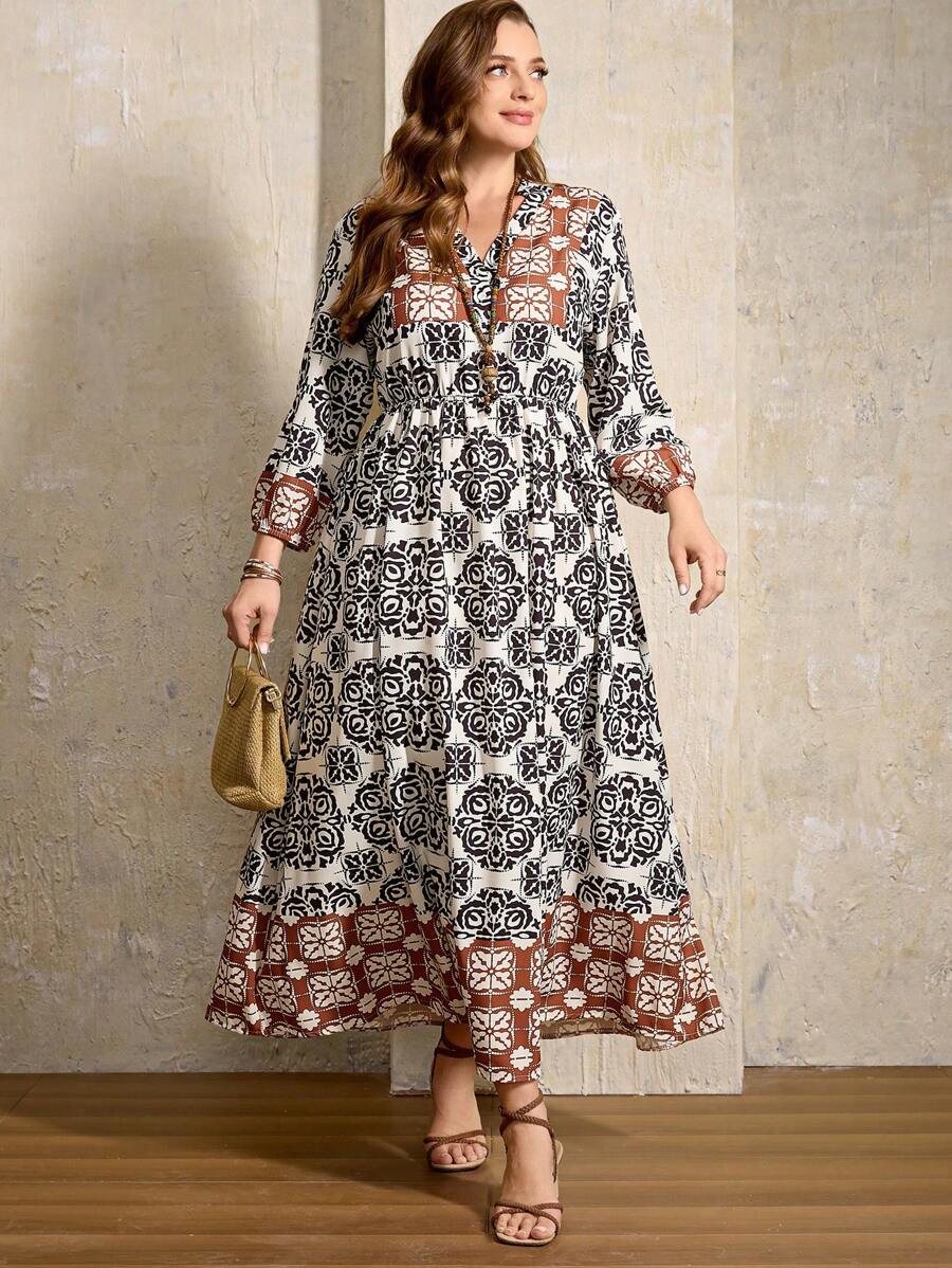 Flouryn Plus Size Elegant Vacation Style Color Block Print Dress ...