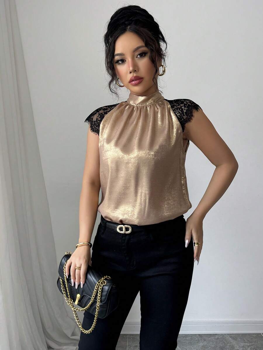 SHEIN Raffinéa Women's 2025 New Style Metallic Gold Foil Splicing Black Lace Casual Blouse, Sexy ...