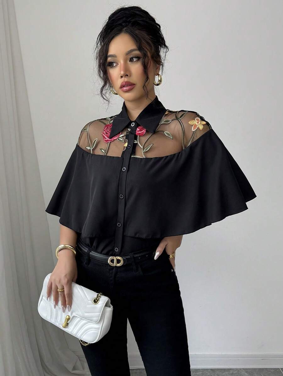 SHEIN Raffinéa Women's 2025 New Rose 3D Mesh Patchwork Casual Shirt ...