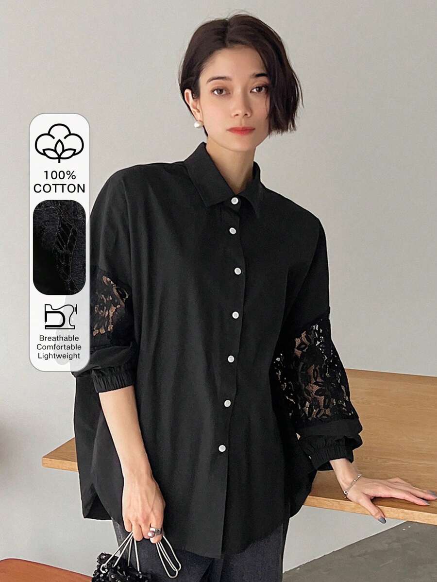 FRIFUL Women's Solid Color Splice Lace Shirt | SHEIN USA