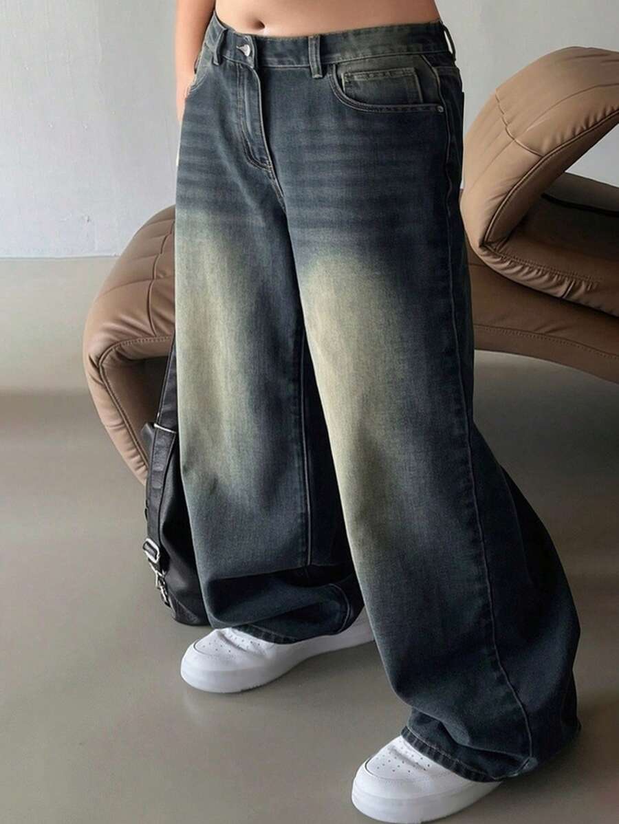 Dazy Plus Plus Size Washed Loose Relaxed Fit Wide Leg Jeans, All Season ...