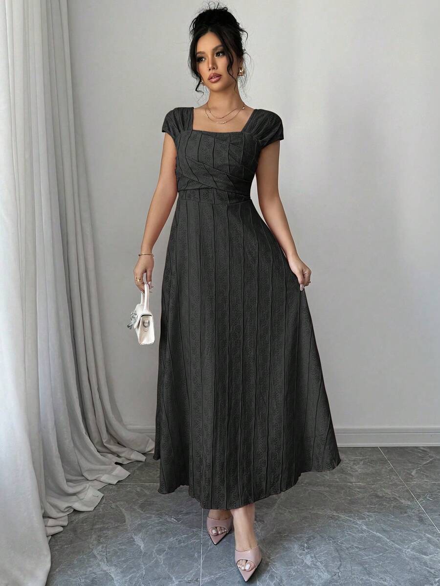 Mulvari Women's Solid Color Square Neck Ruffled Sleeve Elegant Dress ...