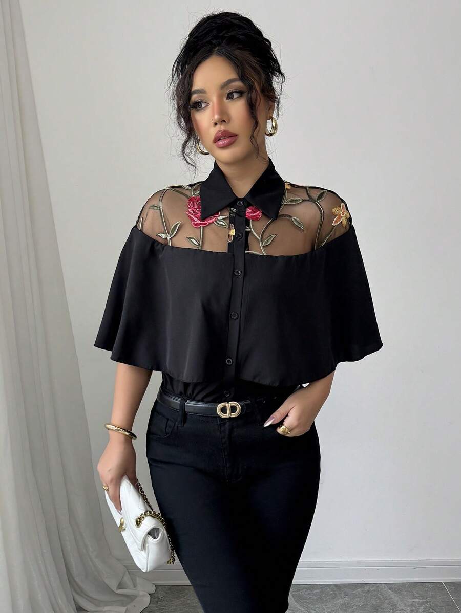 SHEIN Raffinéa Women's 2025 New Rose 3D Mesh Patchwork Casual Shirt ...