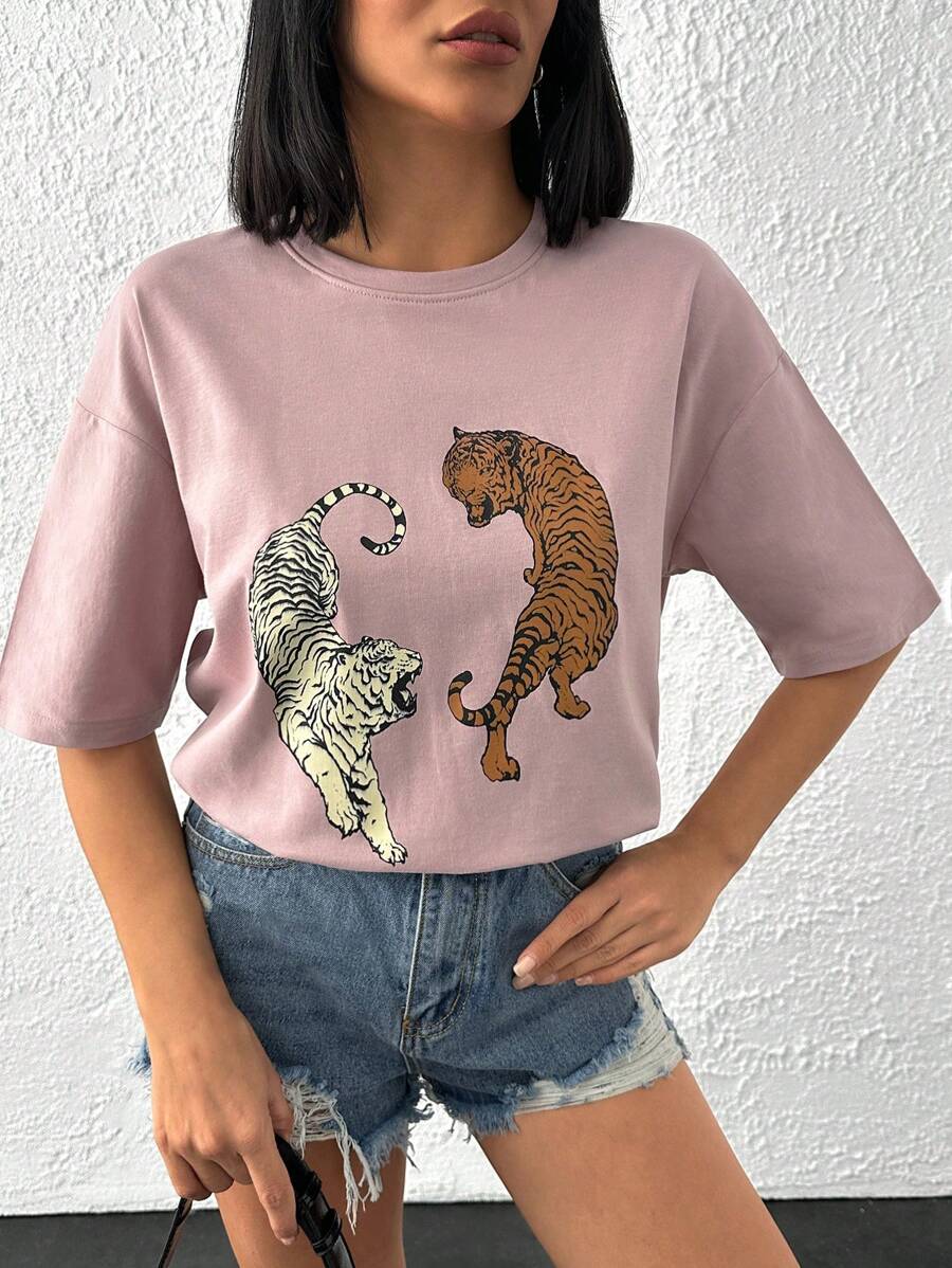 SHEIN Casual Minimal Tiger Print Drop Shoulder Loose Fit T-Shirt ...