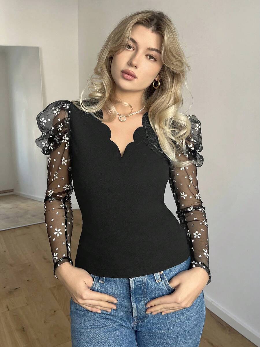 SHEIN Privé Plus Size Women Embossed Wavy Collar Splice Mesh Daisy Foil ...