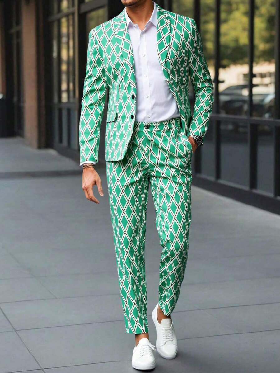 Manfinity Bizformal Men's Notch Lapel Diamond Check Green Contrast ...