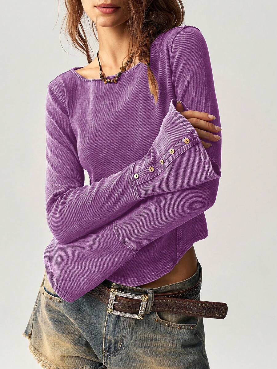 Bohemela BOHO Vacation Solid Color Knit Round Neck Flare Sleeve Form ...