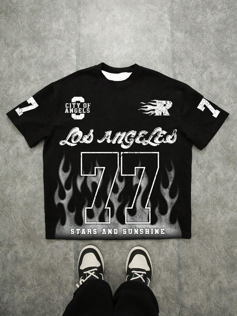 Manfinity EMRG Men's Loose Street Style Fire Flame Number 77 Graphic T-Shirt, Los Angeles Jersey ...