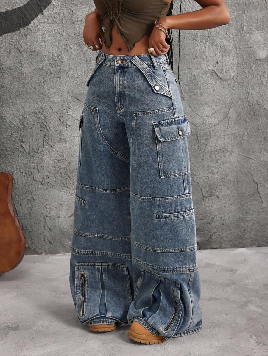 SHEIN ICON Women's Casual Washed Wide Leg Cargo Denim Jeans | SHEIN USA