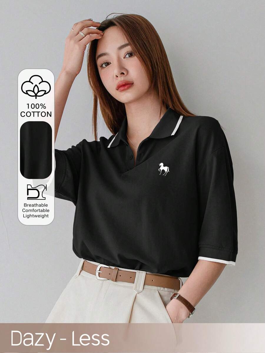 Dazy-Less قميص بولو بأكمام قصيرة للنساء بطبعة تطريز الحصان متعددة الألوان، بأسلوب "Old Money ...