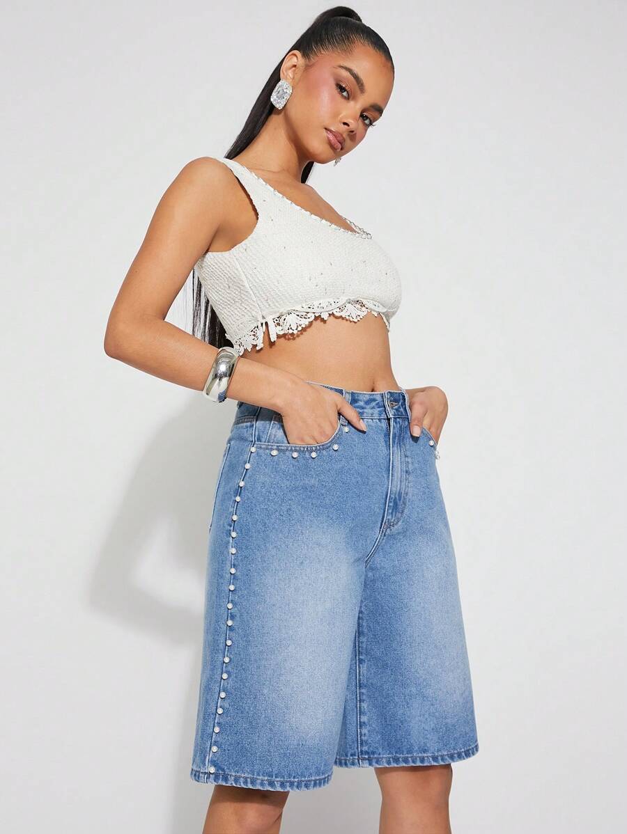 NYA SZN Spring Pearl Detail 5 Pokcets Baggy Denim Jorts Summer ...