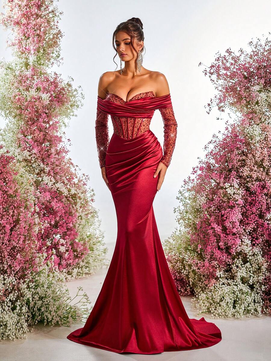 Glamrae Elegant Luxury Off Shoulder Sequin Patchwork Elastic Knit Mermaid Dress, Suitable For ...