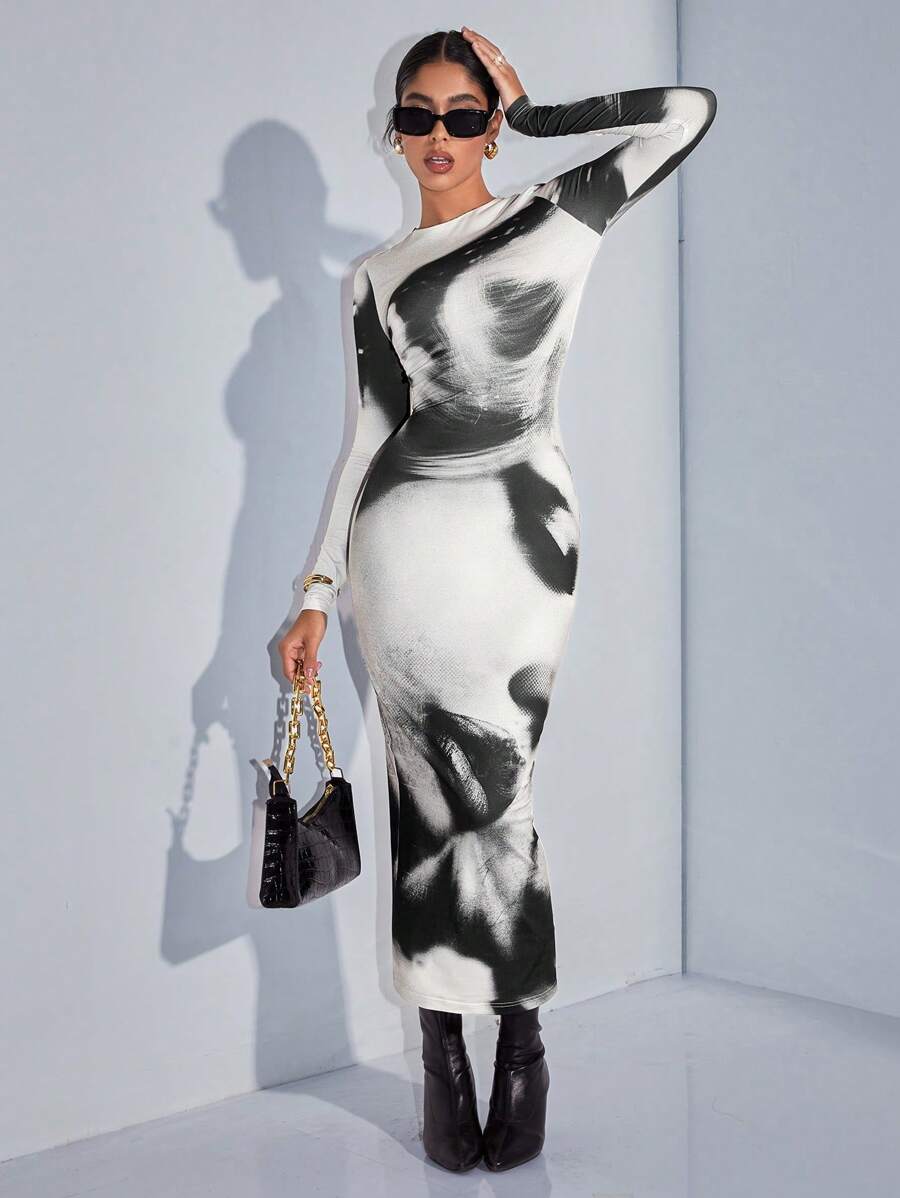 SHEIN BAE Vintage Portrait Print Mesh Long Sleeve Slim-Fit Bodycon ...