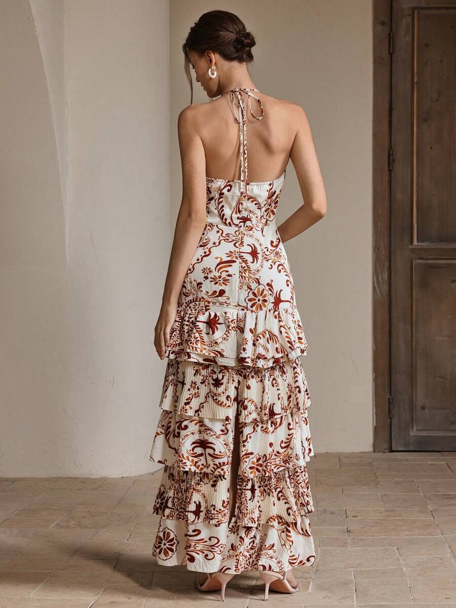 Anewsta Elegant And Fashionable V-Neck Sleeveless Pleated Floral Print Multi-Tiered Dress ...