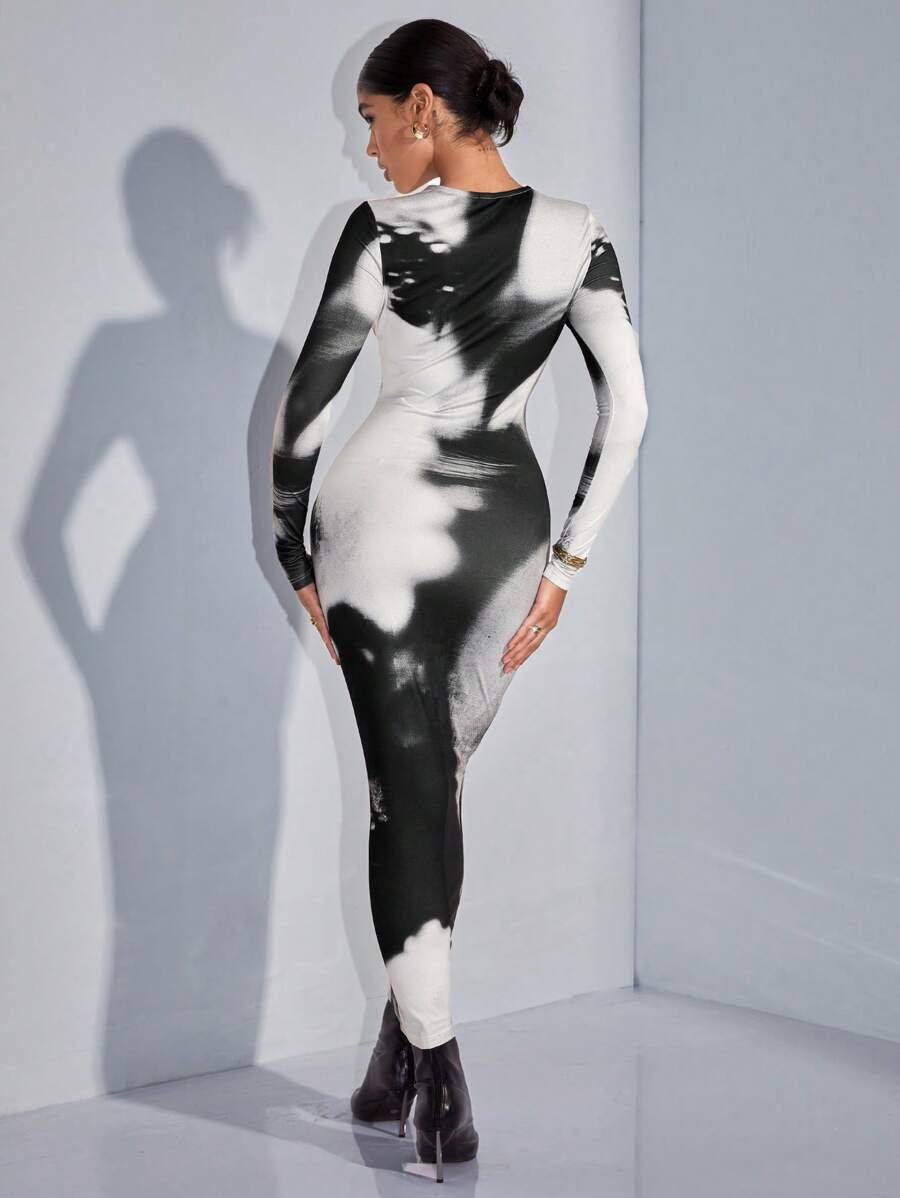 SHEIN BAE Vintage Portrait Print Mesh Long Sleeve Slim-Fit Bodycon ...