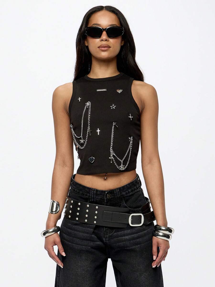 SUMWON WOMEN Edgy Punk Tank Top Crop Top Y2K Goth Studded Chain Fashion ...
