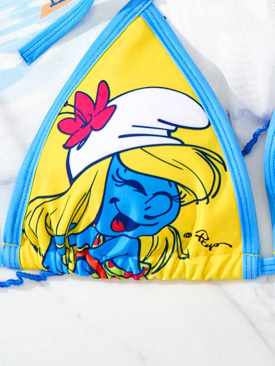 SHEIN X The Smurfs 3pcs Cute Smurfette Smurfs Print Bikini Set With Tropical Print Cover Up Top ...