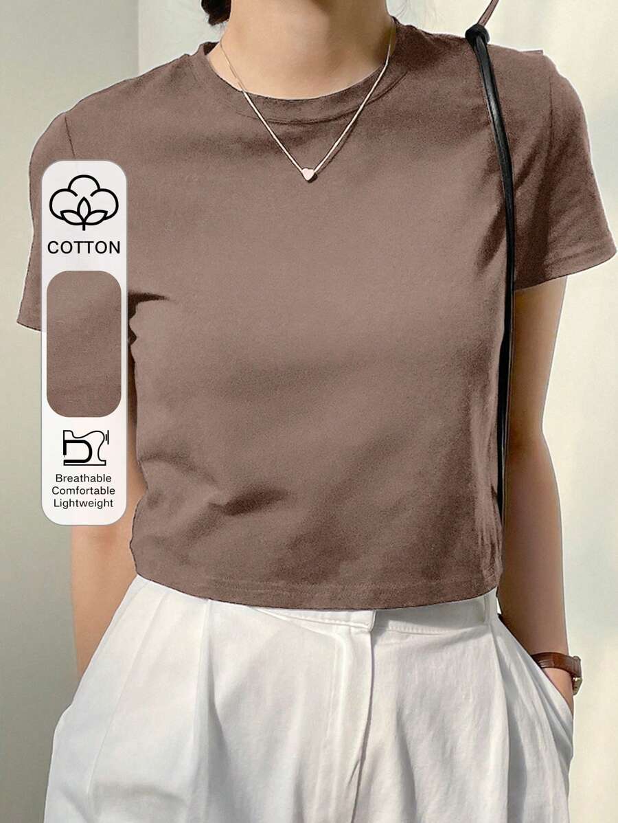 Dazy-Less Solid Crew Neck Crop Tee Old Money Style Summer Business Casual Woman Work Clothes ...