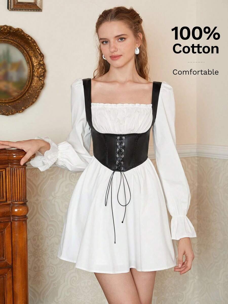 SHEIN MOD Black And White Colorblock Ruched Bust Lace Up Ruffled Long ...