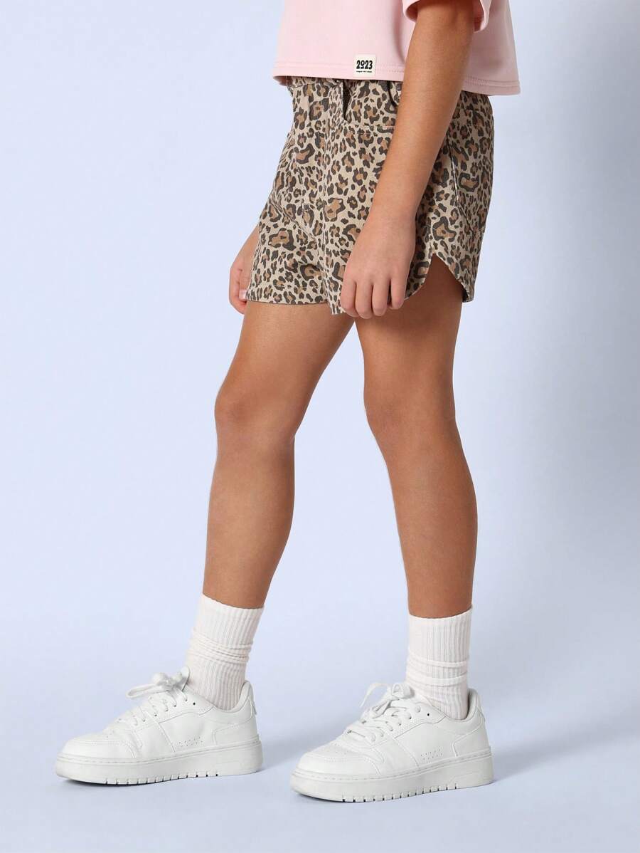 SUMWON Tween Girls Comfy Leopard Print Denim Curve Hem Short | SHEIN EUR