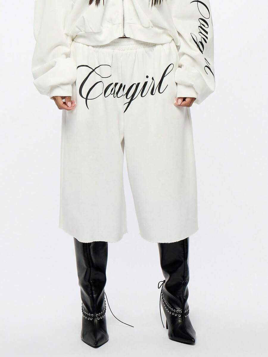 SUMWON WOMEN High Rise Jorts Bermuda Wide Leg Loose Fit Graphic Script ...