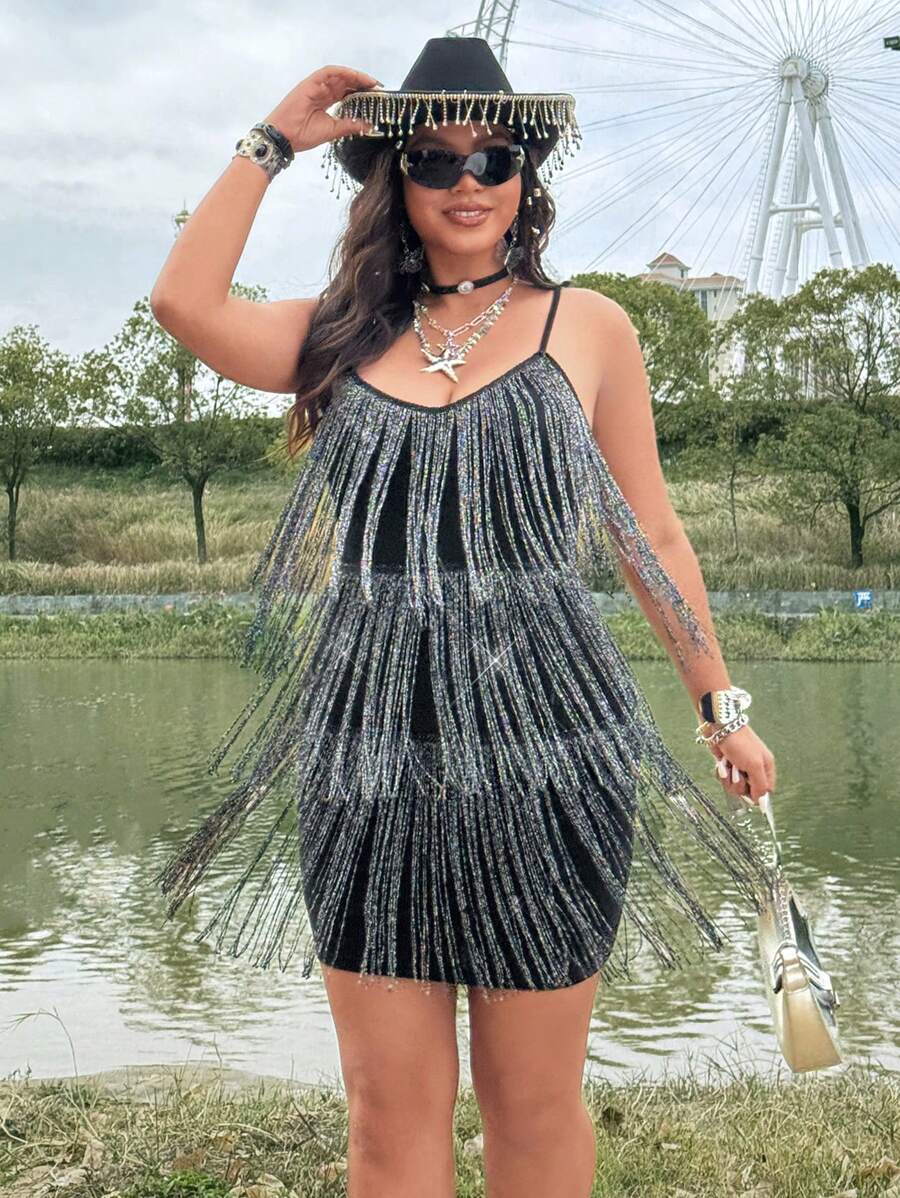 SHEIN MOOSTA Plus Size Fringe Dress, Music Festival, Boho, Hippie ...