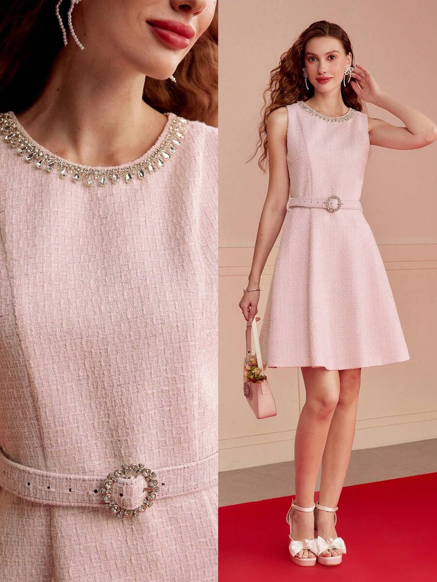 MOTF PREMIUM TWEED RHINESTONE DETAIL TANK DRESS,SPRING/SUMMER | SHEIN USA